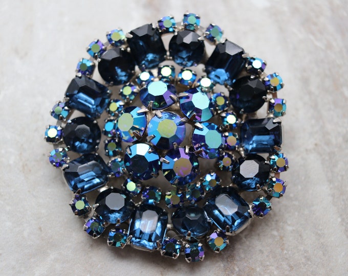 Vintage Blue Rhinestone Brooch, Aurora Borealis Blue Rhinestone Brooch ...