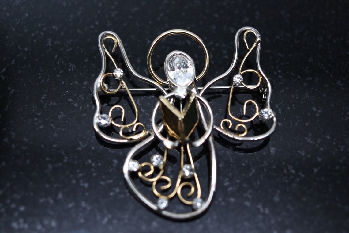 Vintage Angel Brooch Gold & Silver Angel Brooch Rhinestone | Etsy