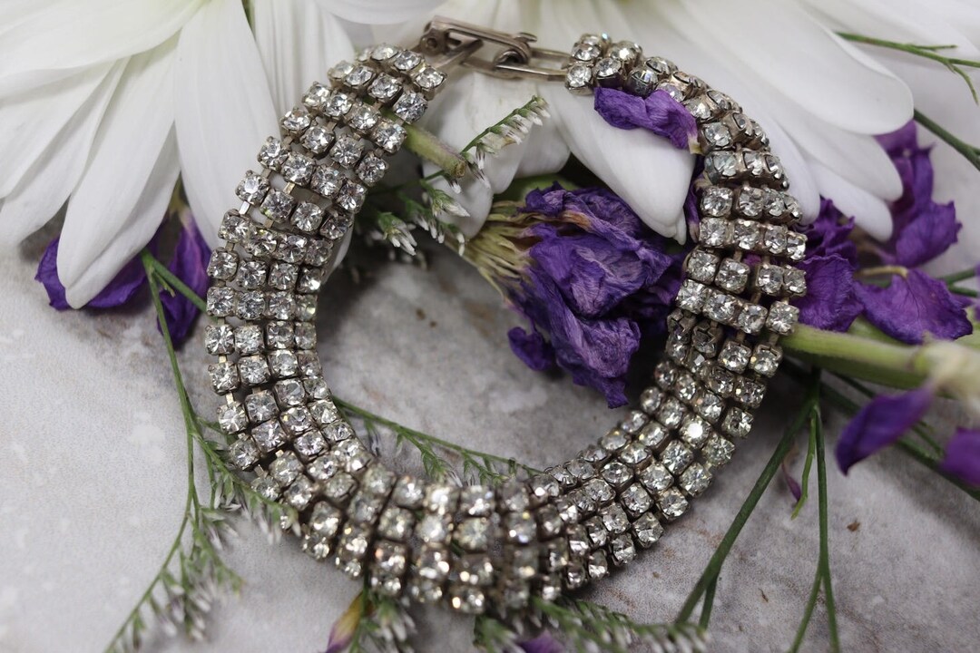 Vintage 4 Row Rhinestone Bracelet, Silver Tone Setting, Wedding ...