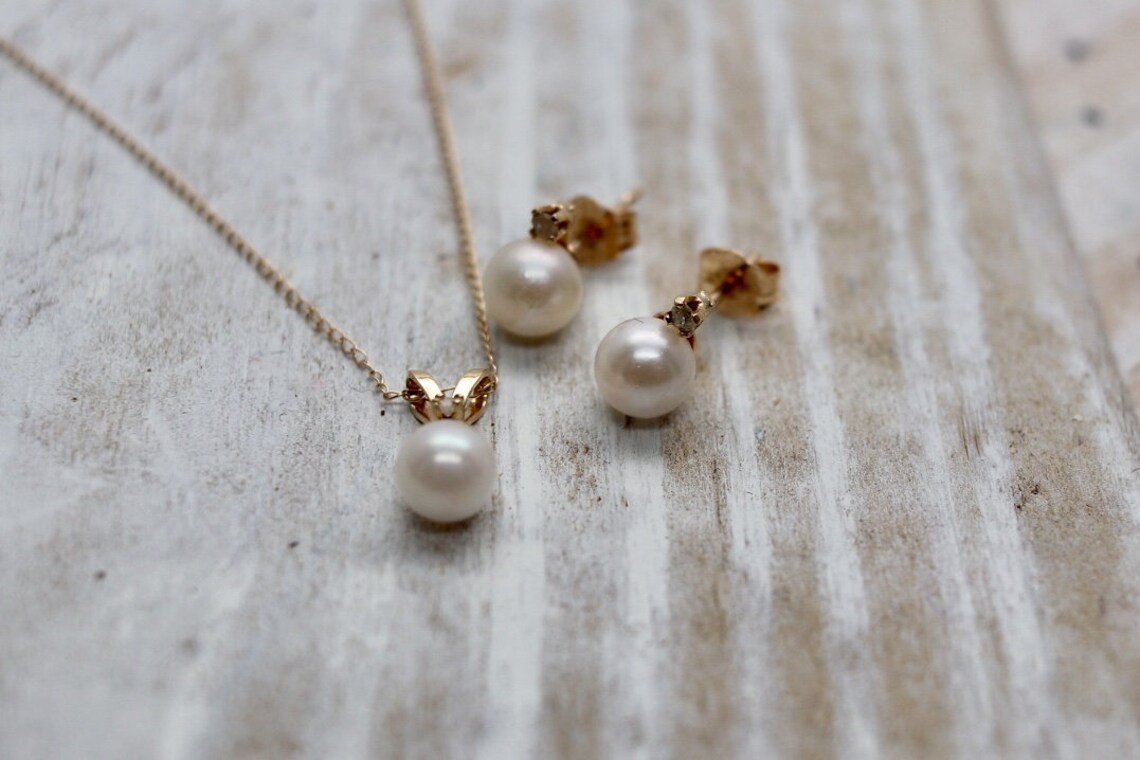 Estate 14k Diamond and Pearl Demi Parure Cultured Pearl and | Etsy