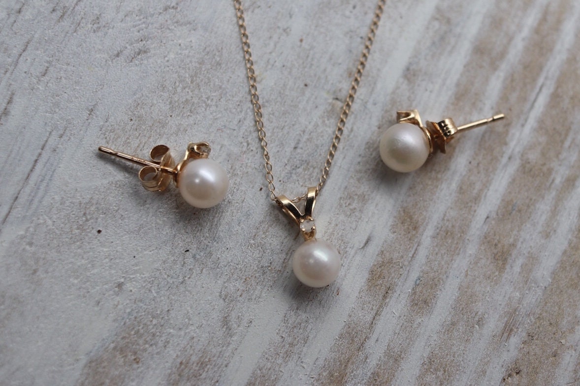 Estate 14k Diamond and Pearl Demi Parure Cultured Pearl and - Etsy