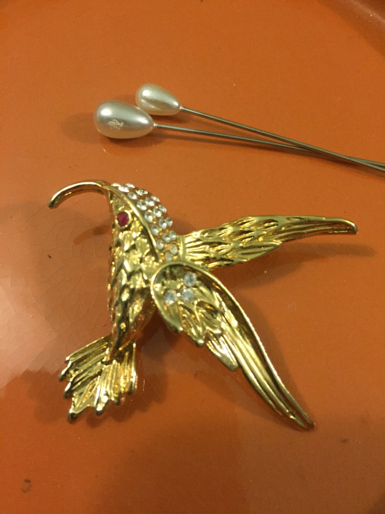 Vintage Hummingbird Brooch Pin Goldtone With Crystal Accents | Etsy