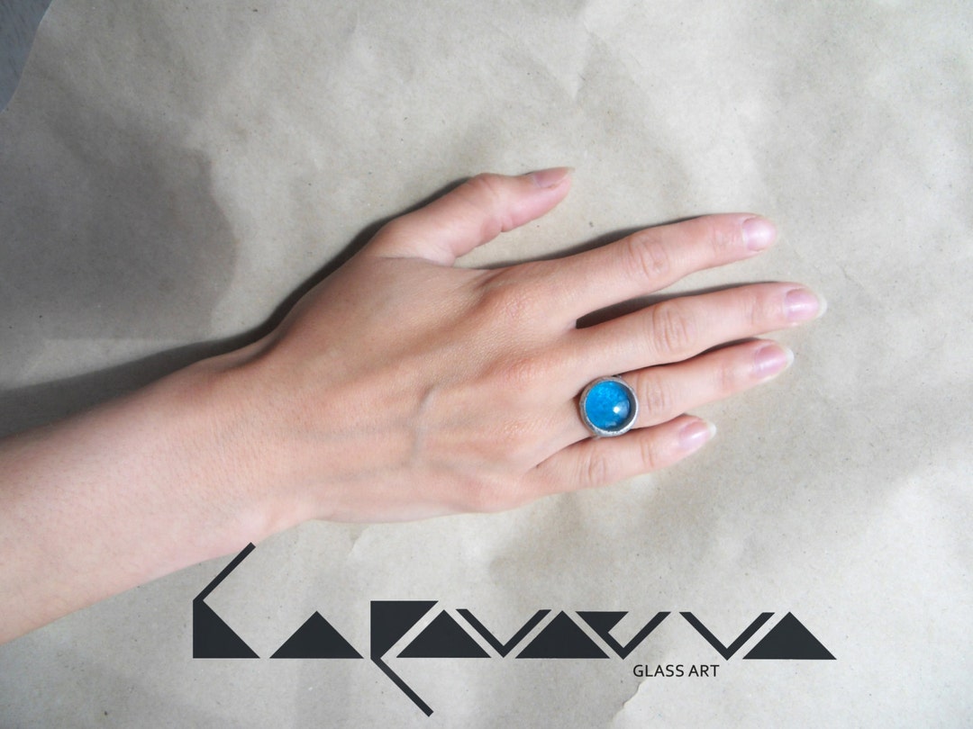 Bright Blue Ring Gift for Girlfriend Glass Jewelry Stained Glass Ring ...