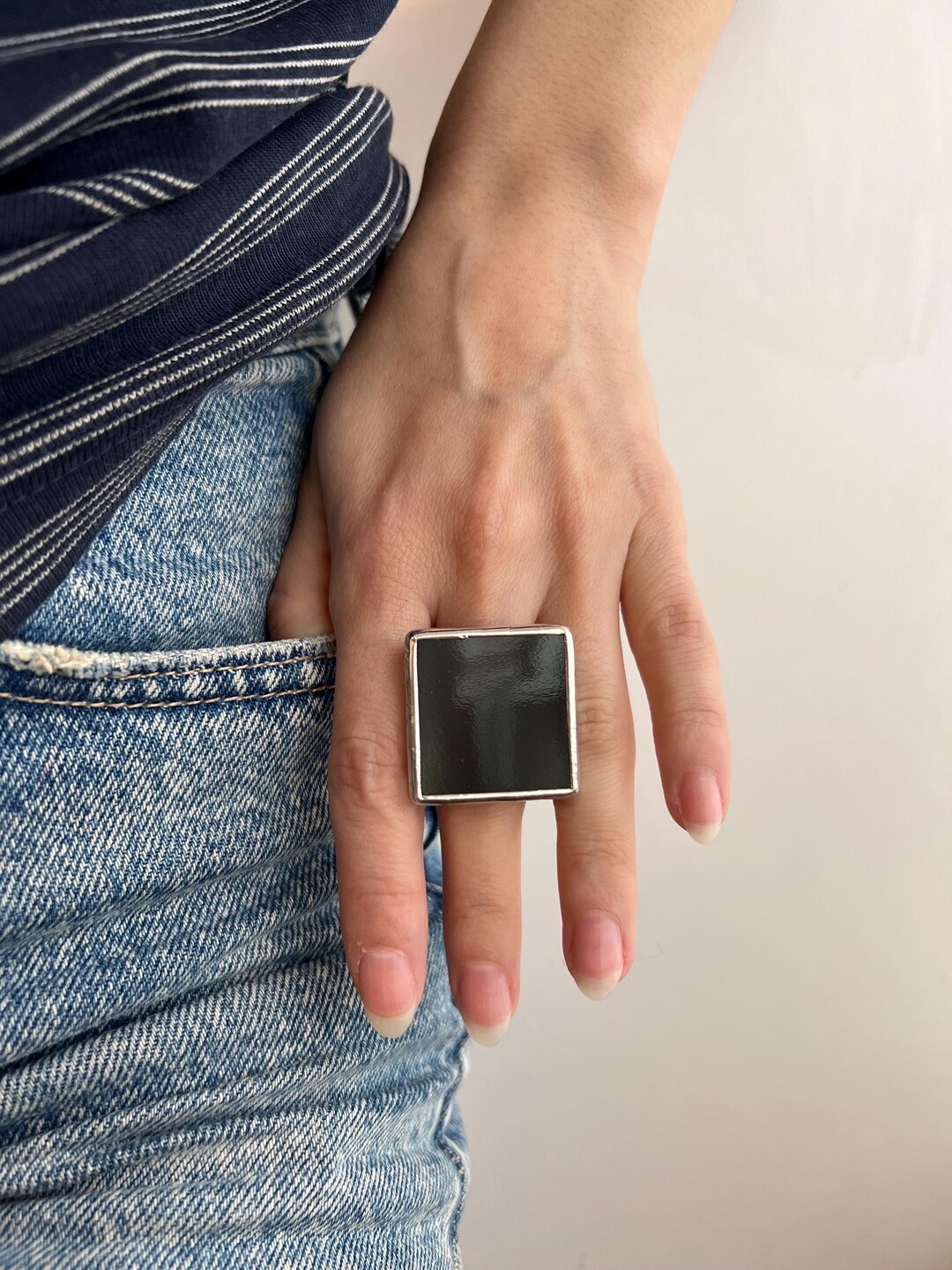 Black Square Statement Ring – Modern Stained Glass Jewelry - Etsy