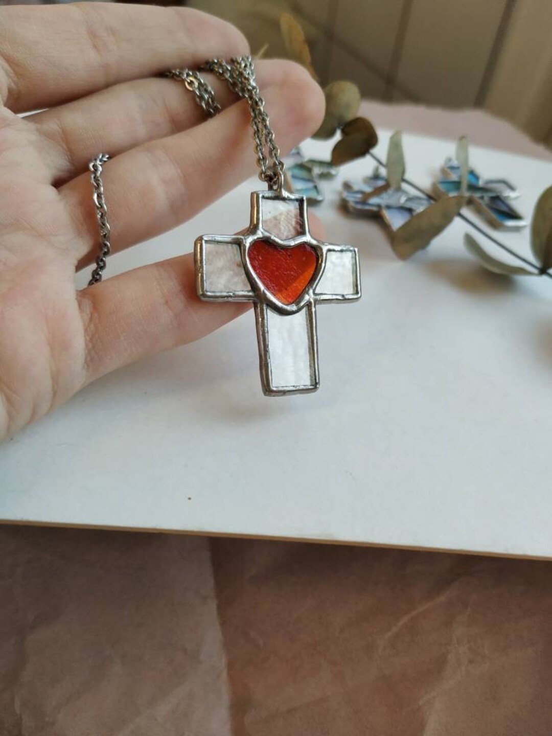 Big Cross Pendant With Heart, Unique Stained Glass Cross Necklace ...
