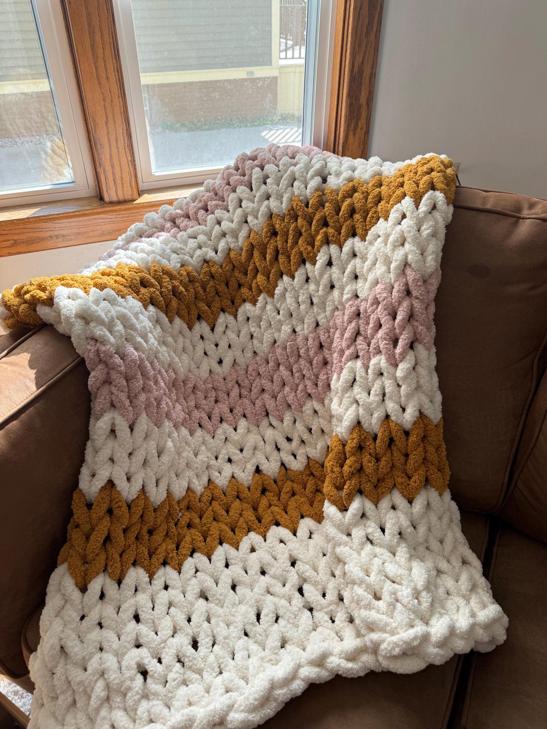 Chunky Knit Blanket - White/pink and Yellow Stripes - Etsy