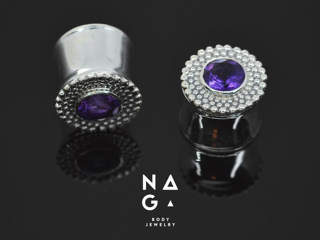 1 Pair of AMETHYST Silver Ear Plugs Gauges - 00g (10mm), 1/2" (12mm), 9 ...