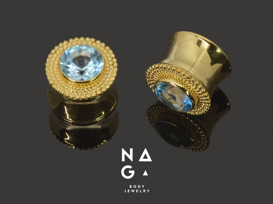 1 Pair of BLUE TOPAZ Vermeil Yellow Gold Ear Plugs Gauges - 2g (6mm ...