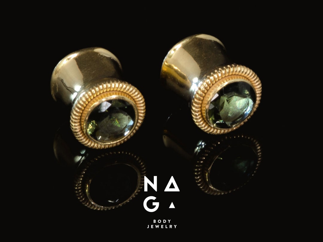 1 Pair of MOLDAVITE Vermeil Yellow Gold Ear Plugs Gauges - 2g (6mm) to ...