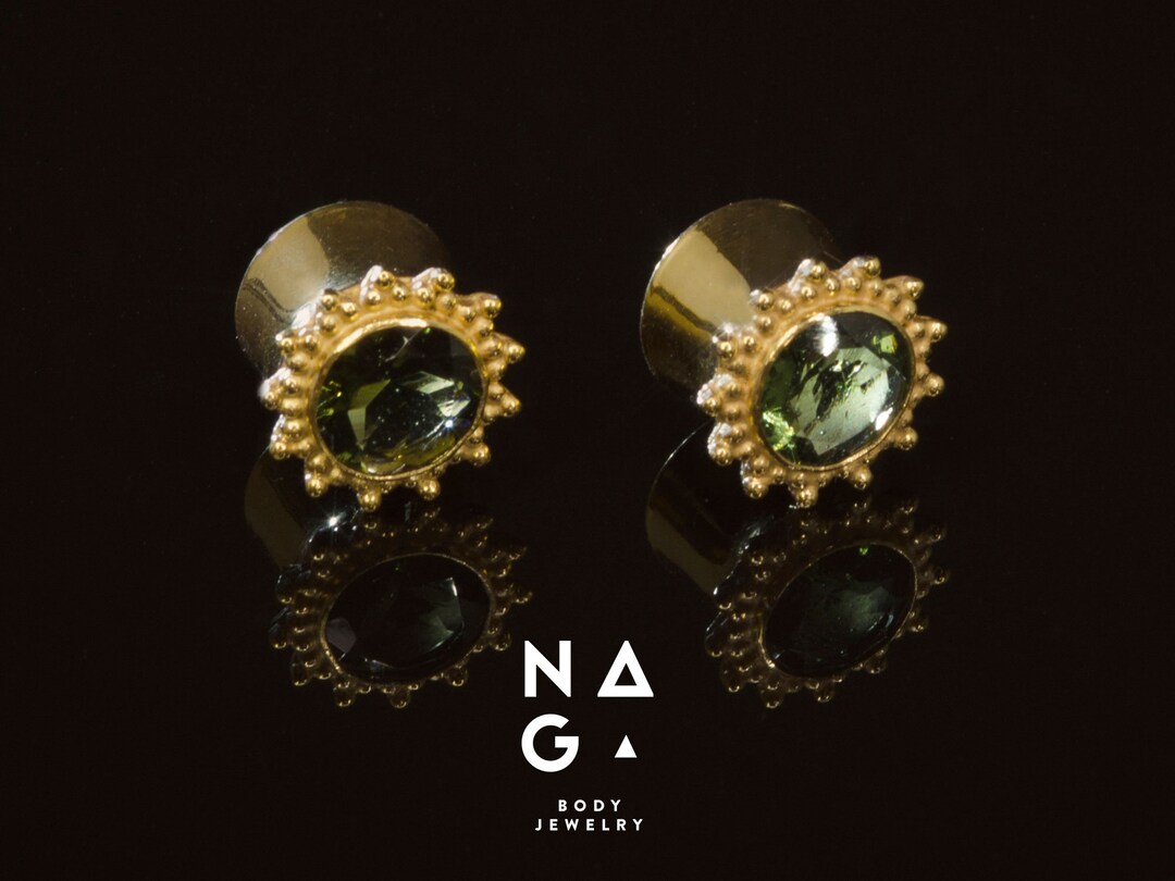 1 Pair of MOLDAVITE Vermeil Yellow Gold Ear Plugs Gauges - 2g (6mm) to ...