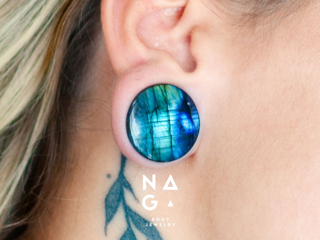 1 Pair of Premium BLUE LABRADORITE Stone Ear Plugs for Stretched Ears ...