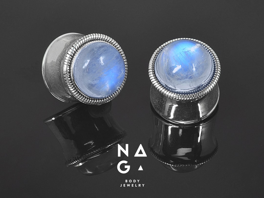 1 Pair of MOONSTONE Silver Ear Plugs, Silver Ear Gauges, Ear Stretchers ...