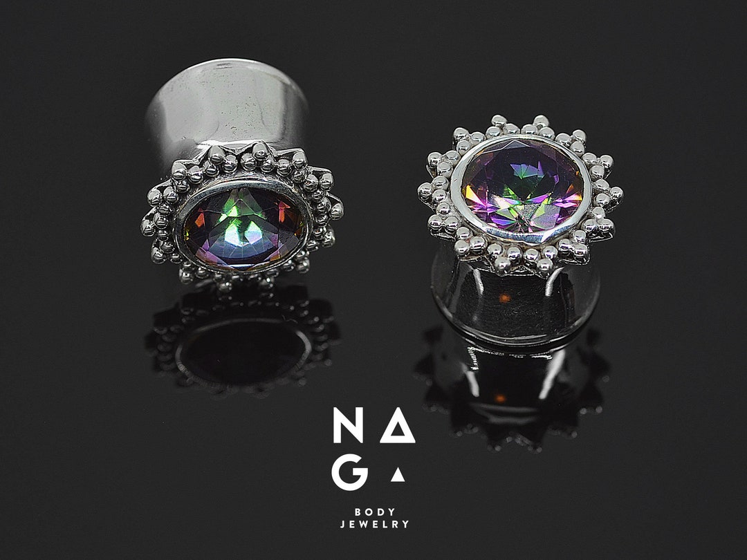 1 Pair of MYSTIC TOPAZ Silver Ear Plugs Gauges - 2g (6mm) 0g (8mm), 00g ...