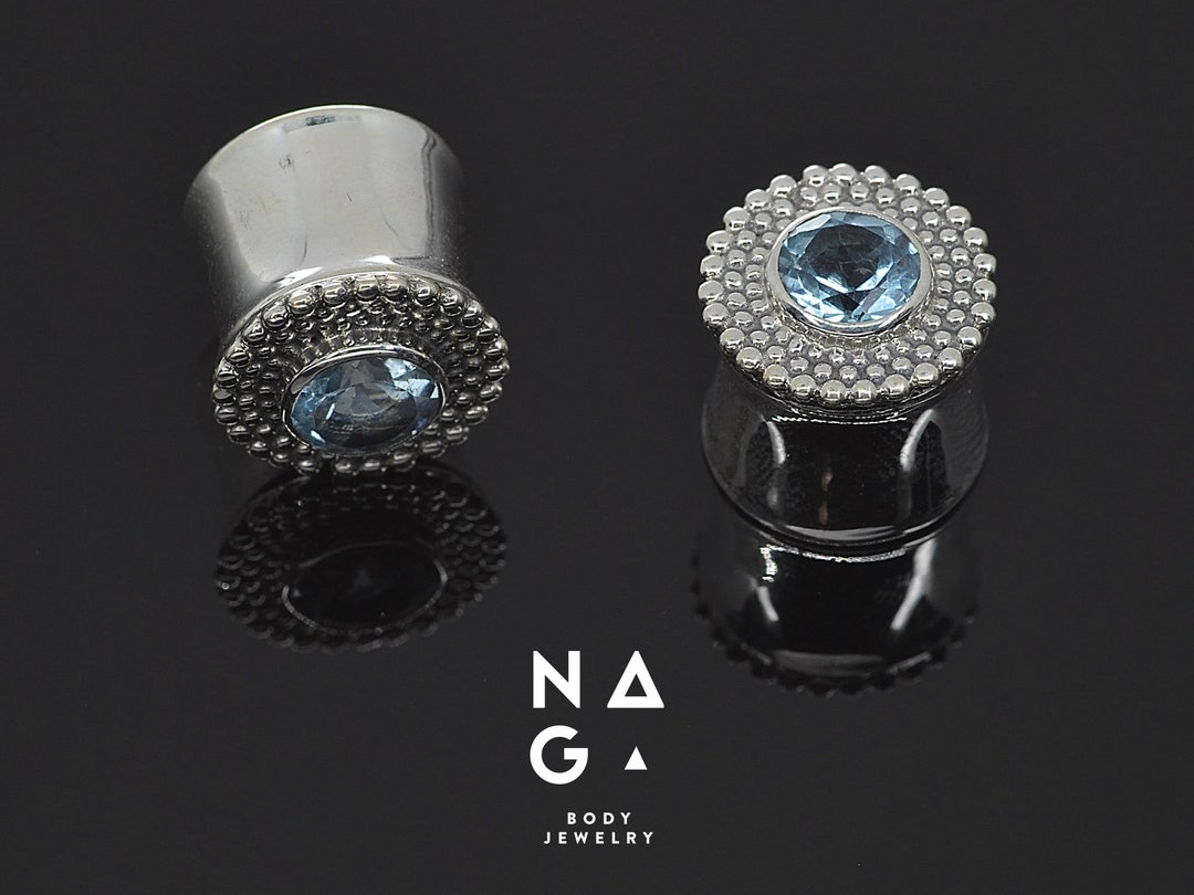 1 Pair of BLUE TOPAZ Silver Ear Plugs Gauges - 00g (10mm), 1/2" (12mm ...