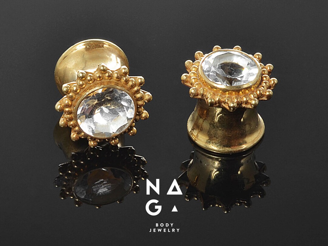 1 Pair of CRYSTAL QUARTZ Vermeil Gold Ear Plugs Gauges - Legit Safe ...