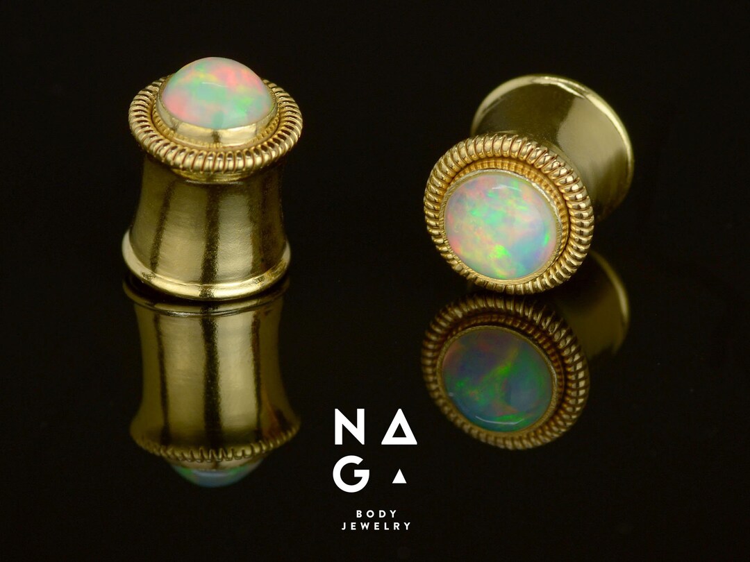 1 Pair of AAA OPAL Yellow Gold Ear Plugs, Vermeil Gold Ear Gauges ...
