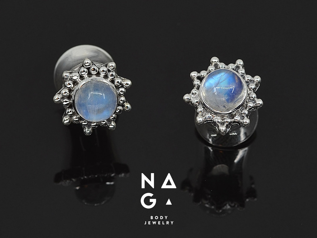 1 Pair of MOONSTONE Silver Ear Plugs Gauges - 2g (6mm) to 3/4" (20mm ...