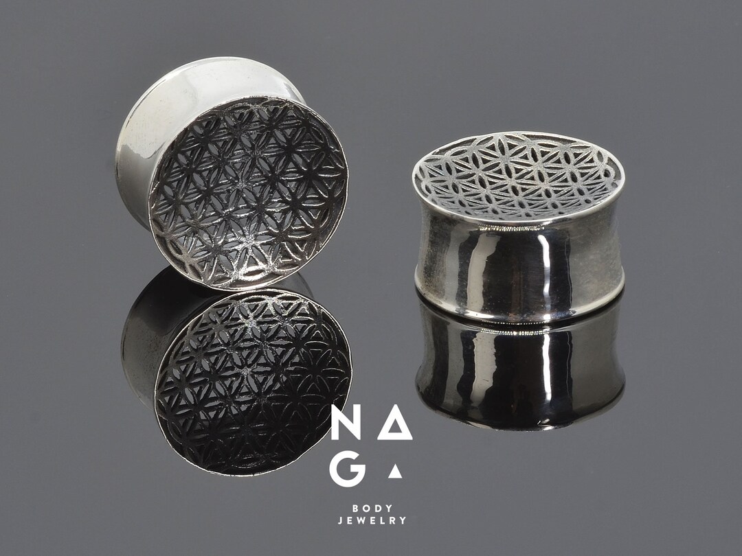 1 Pair of FLOWER OF LIFE Tarnished Silver Ear Plugs Gauges, Sizes From ...
