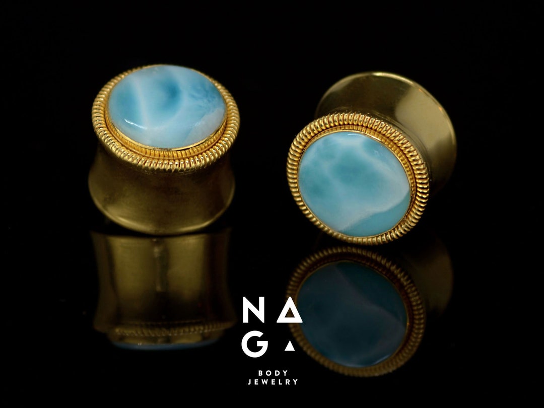 1 Pair of LARIMAR Gold Ear Plugs, Vermeil Gold Ear Gauges, Stone Ear ...