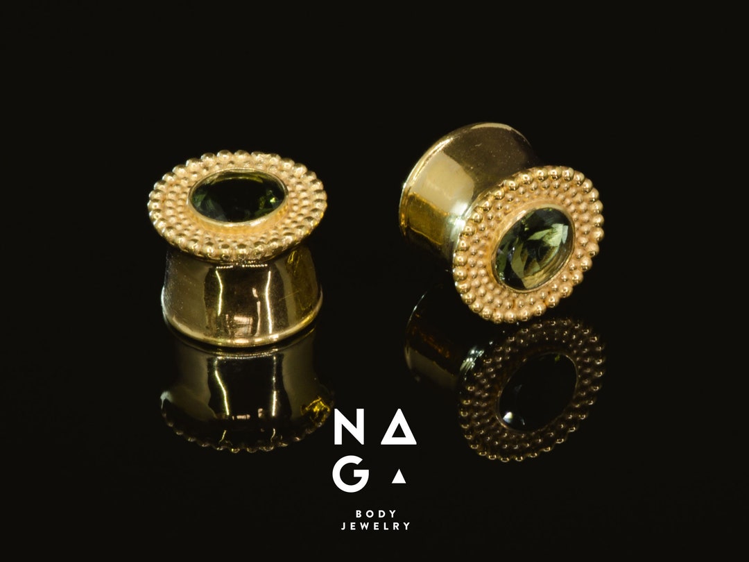 1 Pair of MOLDAVITE Vermeil Yellow Gold Ear Plugs Gauges - 2g (6mm) to ...