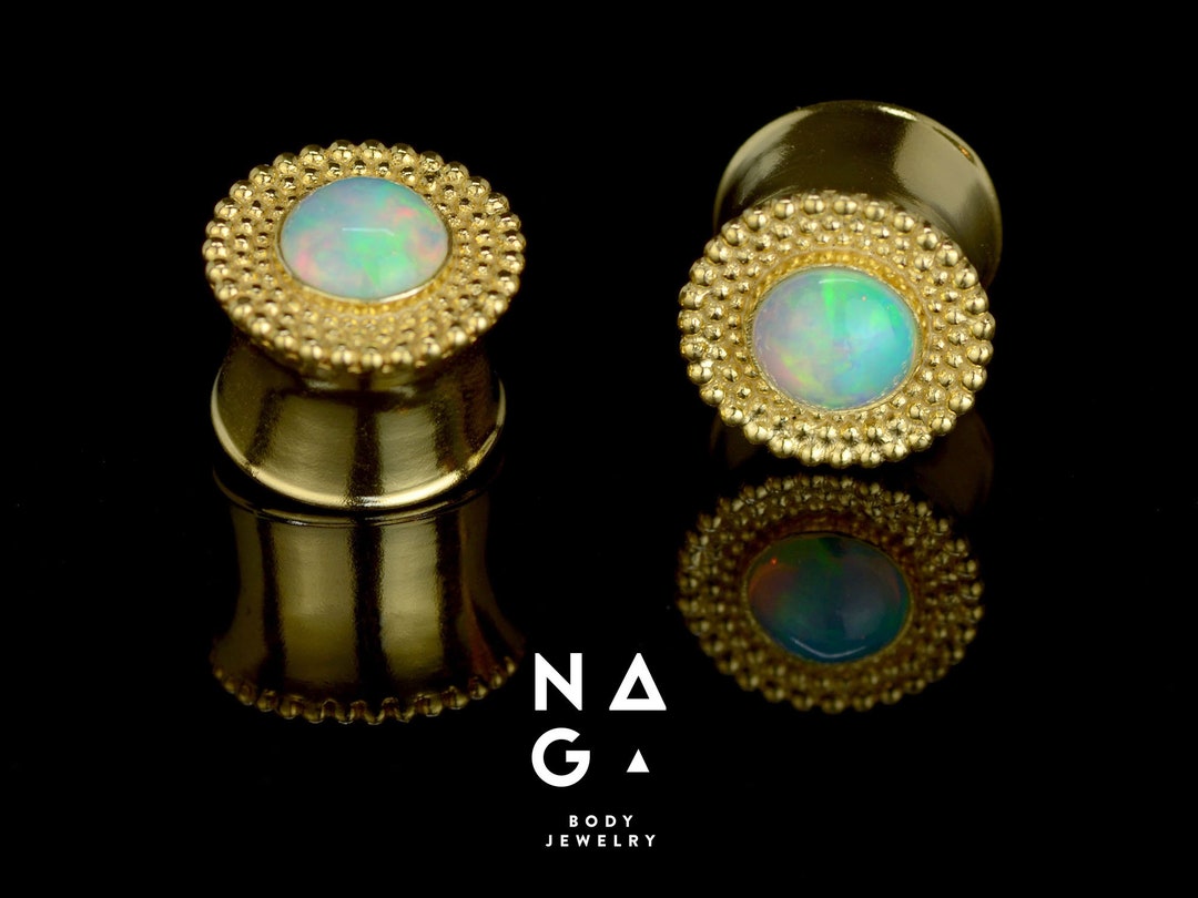 1 Pair of AAA OPAL Yellow Gold Ear Plugs, Vermeil Gold Ear Gauges ...