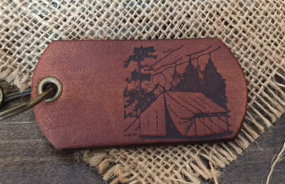 Camp Scene Leather Keychain, Tent Key Chain, Leather Key Chain, Leather ...