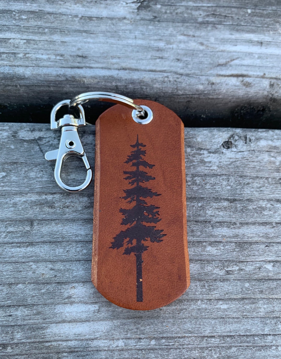 Evergreen Key Ring, Fir Tree Keychain, Leather Key Chain, Outdoors Key ...