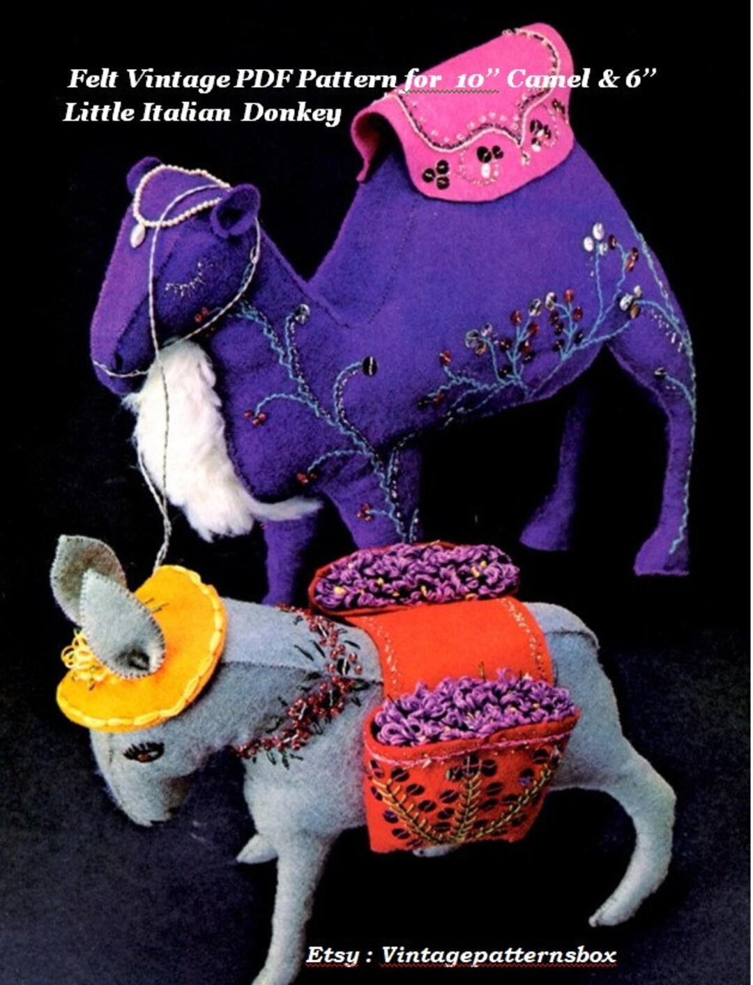 Super-cute Vintage Felt Patterns 10'' Camel and 6'' Italian Donkey ...
