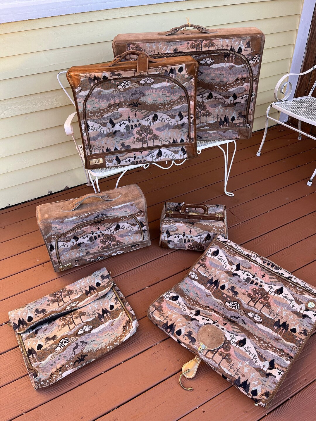 Vintage 1970s 70s French Luggage Company Suitcase Set Tapestry ...