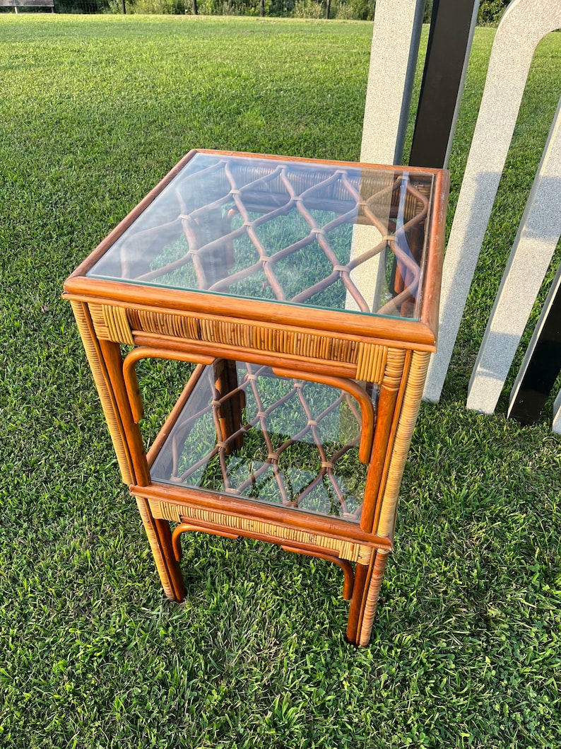 Vintage in 1970s 1980s Rattan Bamboo End Tables Glass Top - Etsy