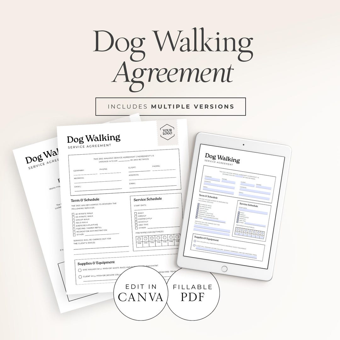 Dog Walking Service Agreement Template | Editable Canva + Fillable PDF ...