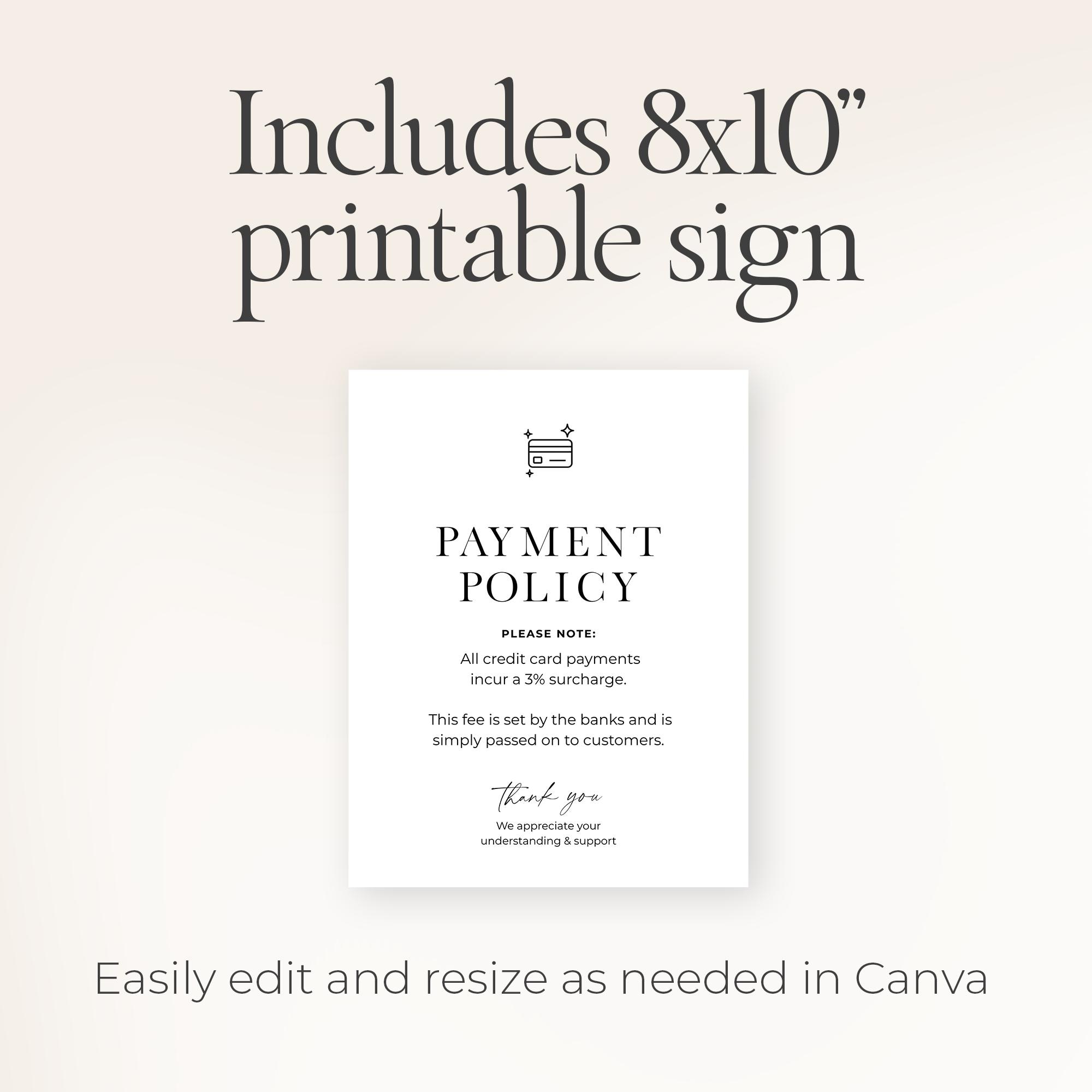 Credit Card Fee Sign | Printable Business Payment Policy Sign ...