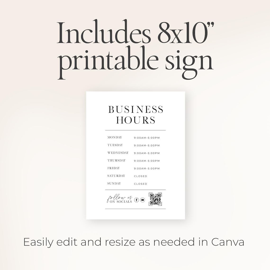 Business Hours Sign | Printable 8x10 Canva Template | Editable Store ...
