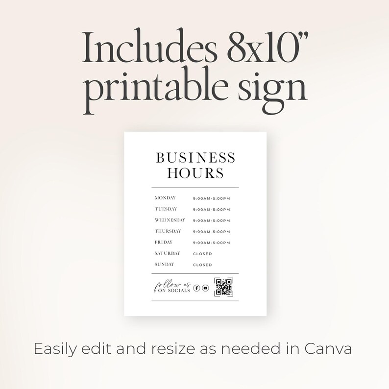 Business Hours Sign | Printable 8x10 Canva Template | Editable Store ...