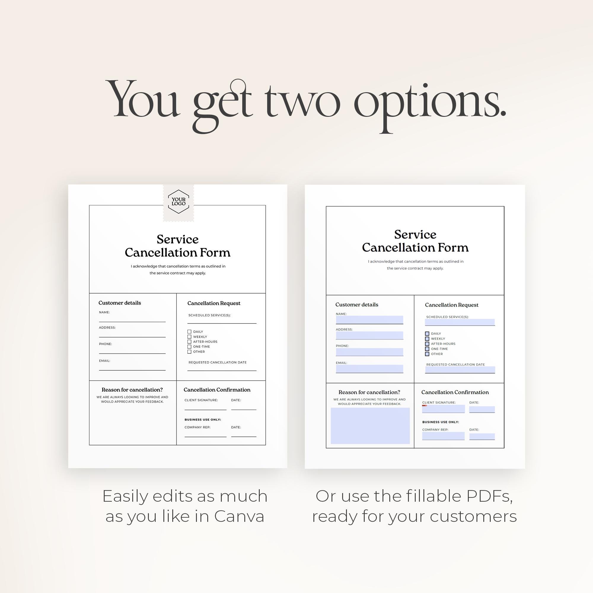 Service Cancellation Form Template | Fillable Client Cancellation Form ...