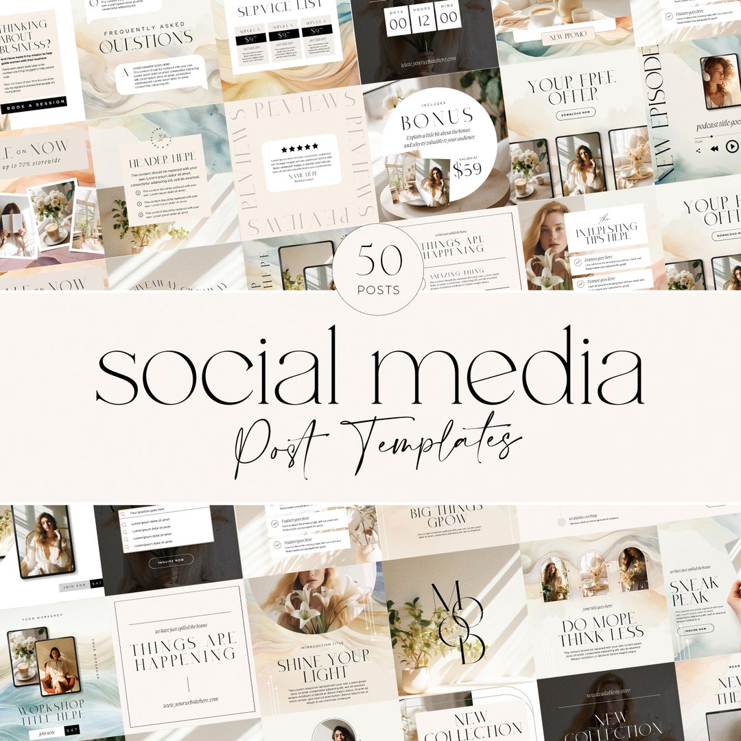 Branded Social Media Post Templates 50 Pack, Aesthetic Neutral Canva ...