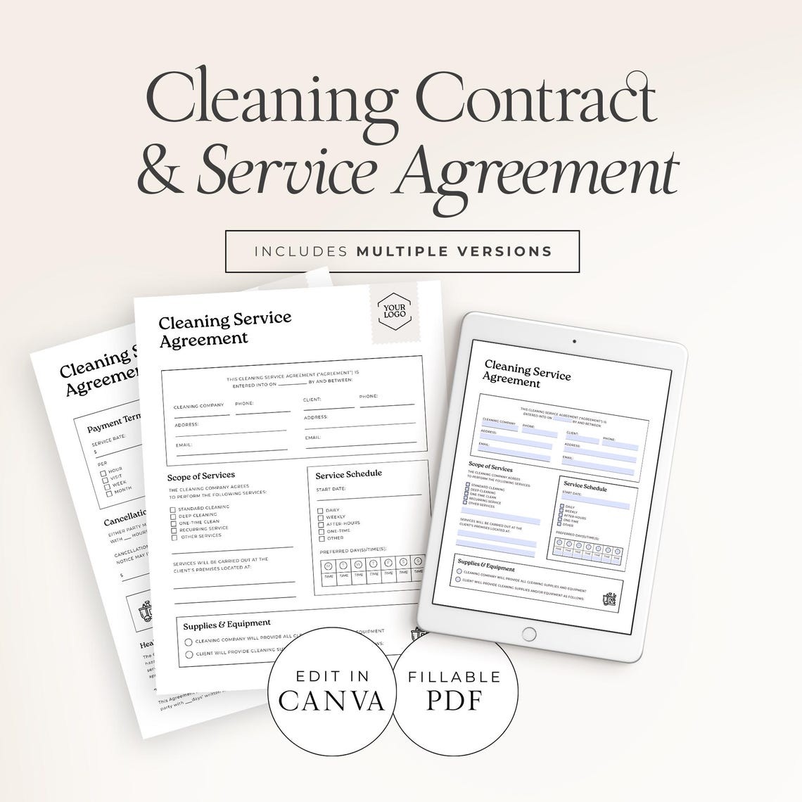 Fillable Cleaning Service Agreement Template, Editable Business ...