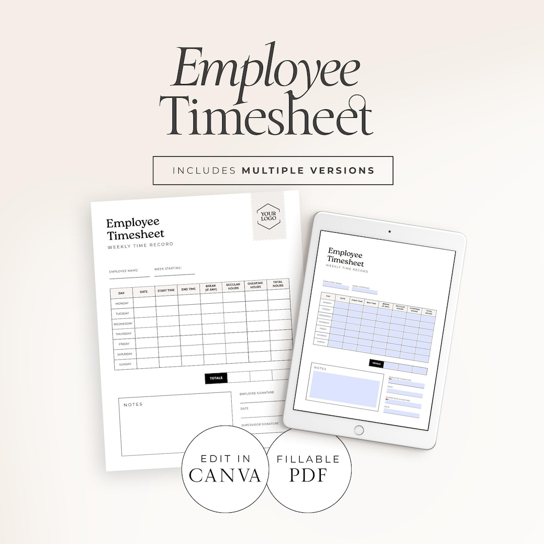Employee Timesheet Template | Weekly Time Record | Fillable PDF ...