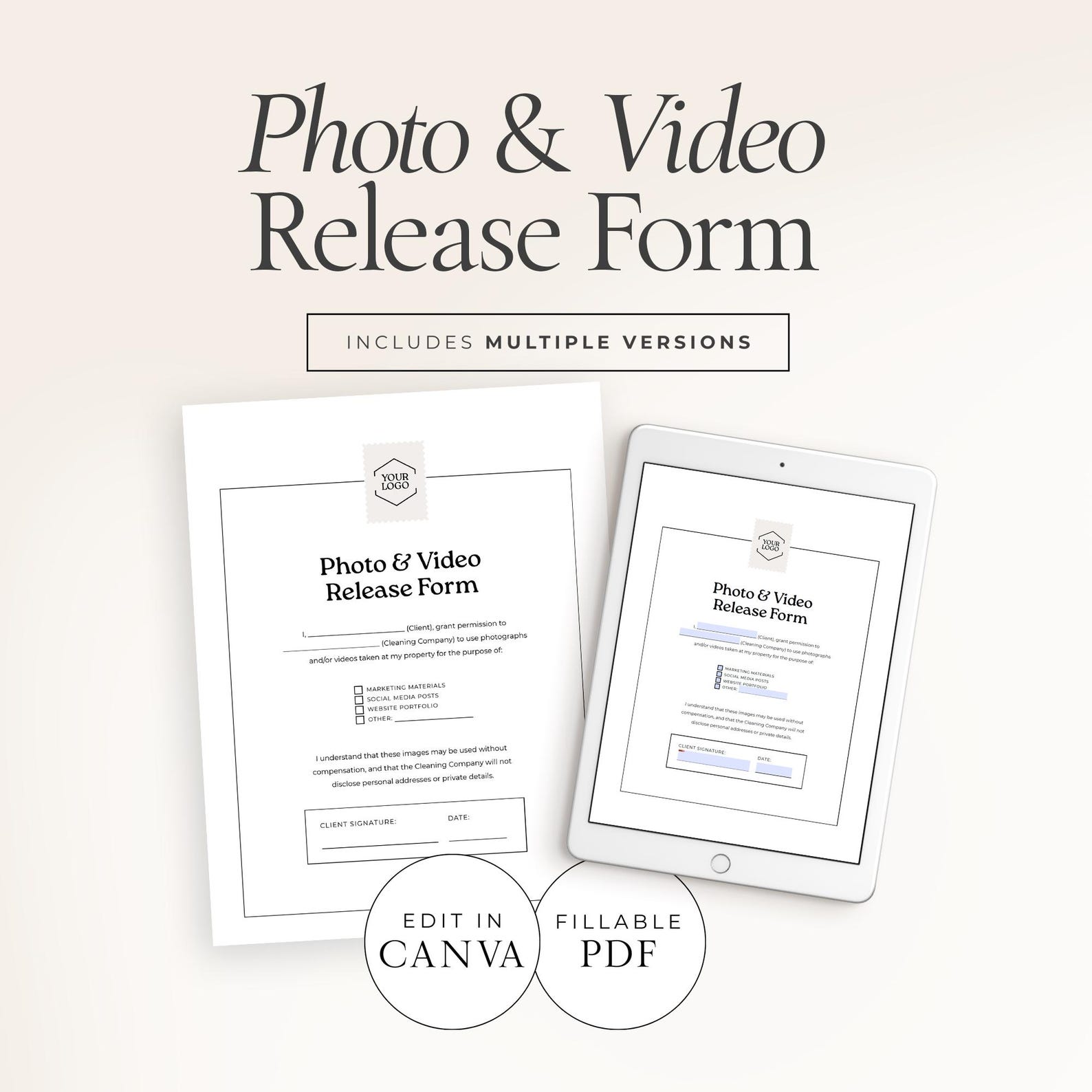 Photo & Video Release Form - Cleaning Business | Fillable PDF and ...