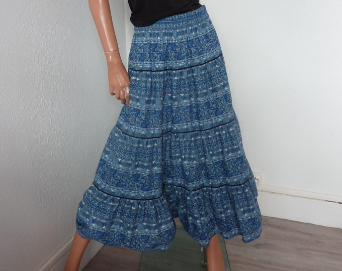 Vintage French Provencal Tiered Skirt Blue White Navy Cotton 360 Degree ...