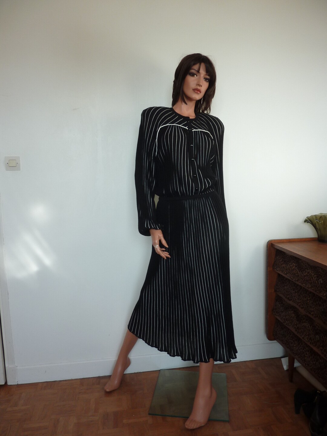 70s Striped Knit Dress Medici Black White Pleated Ribbed - Etsy