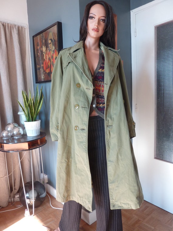 Vintage French Army Raincoat Khaki Green Trench Coat … - Gem