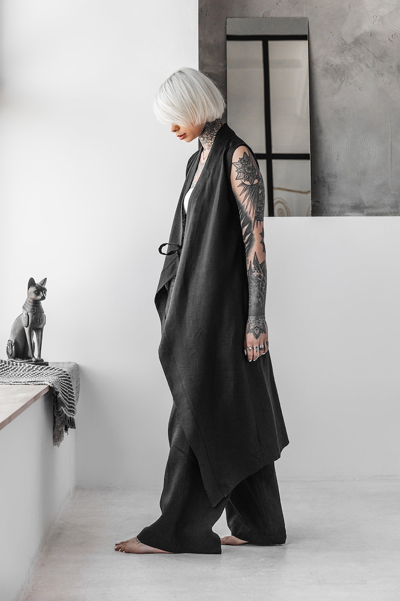 Black linen robe kimono long tail vest women asymmetrical | Etsy