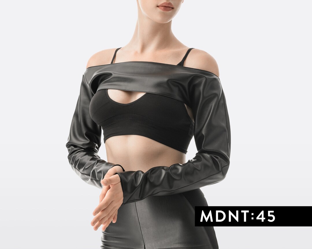 Leather Bolero Jacket, Cropped Steampunk Biker Shrug, Women Black Long Sleeve, Burning Man Rave ...