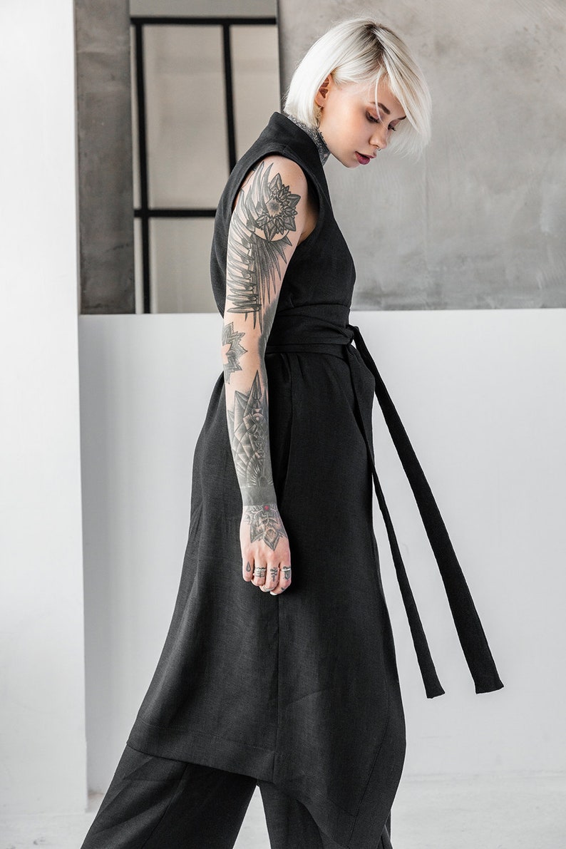Black linen robe kimono long tail vest women asymmetrical | Etsy
