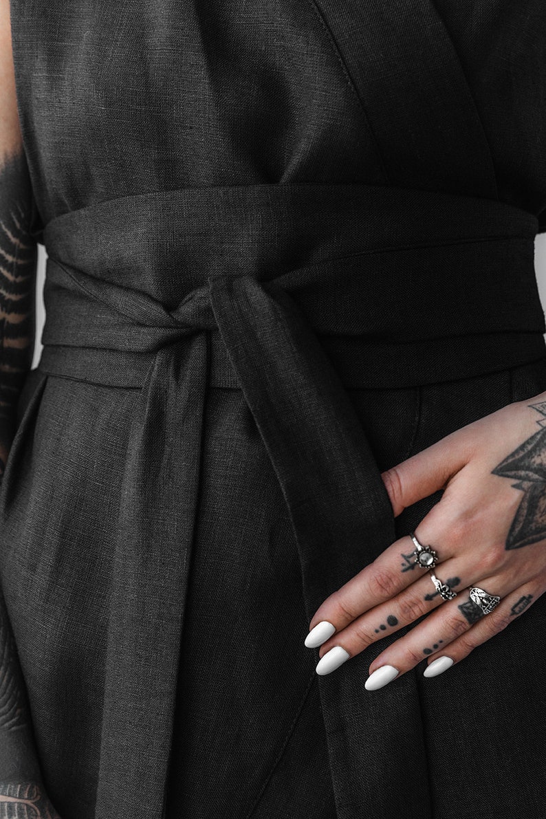 Black linen robe kimono long tail vest women asymmetrical | Etsy