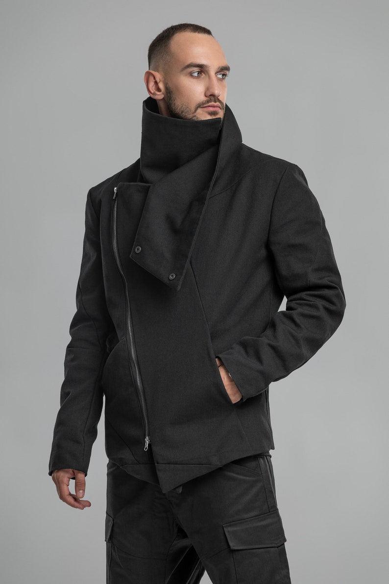 High-collar men jacket asymmetric short coat cyberpunk | Etsy