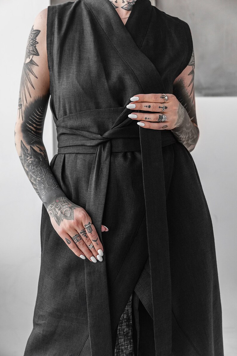 Black linen robe kimono long tail vest women asymmetrical | Etsy
