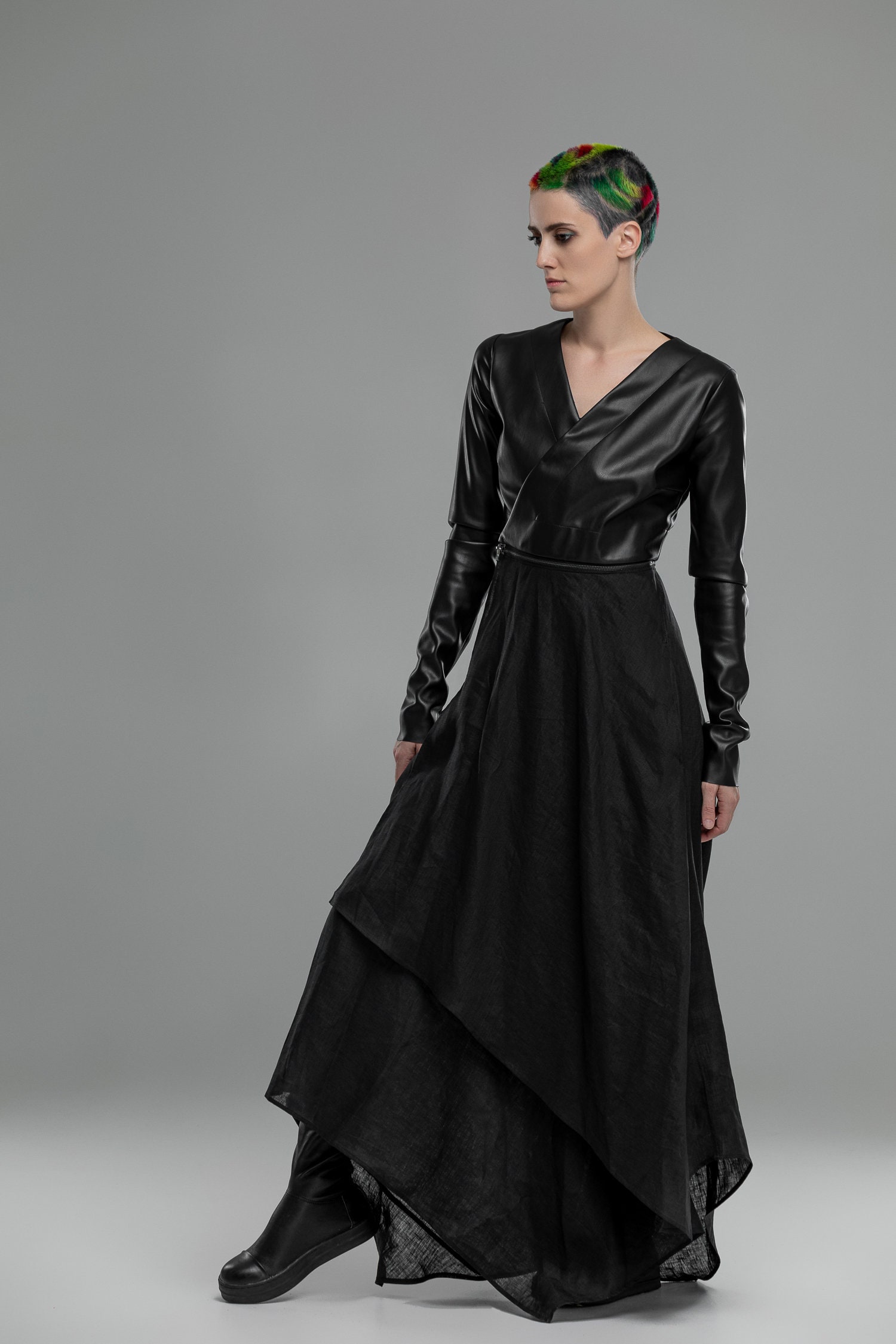 Zwarte Maxi Jurk Lange Mouwen Linnen And Eco Lederen Jurk Wrap Etsy