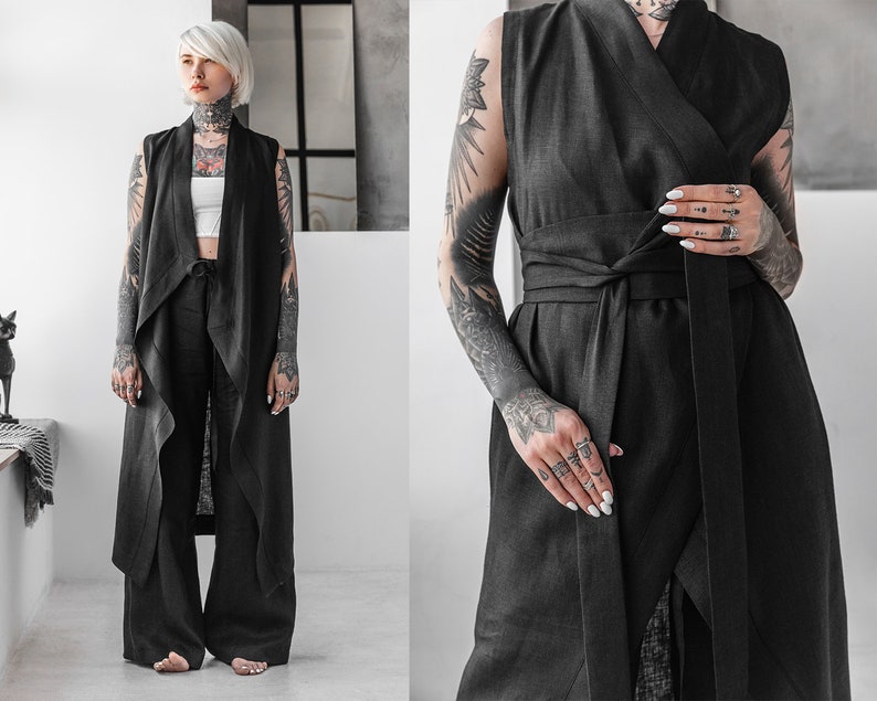 Black linen robe kimono long tail vest women asymmetrical | Etsy